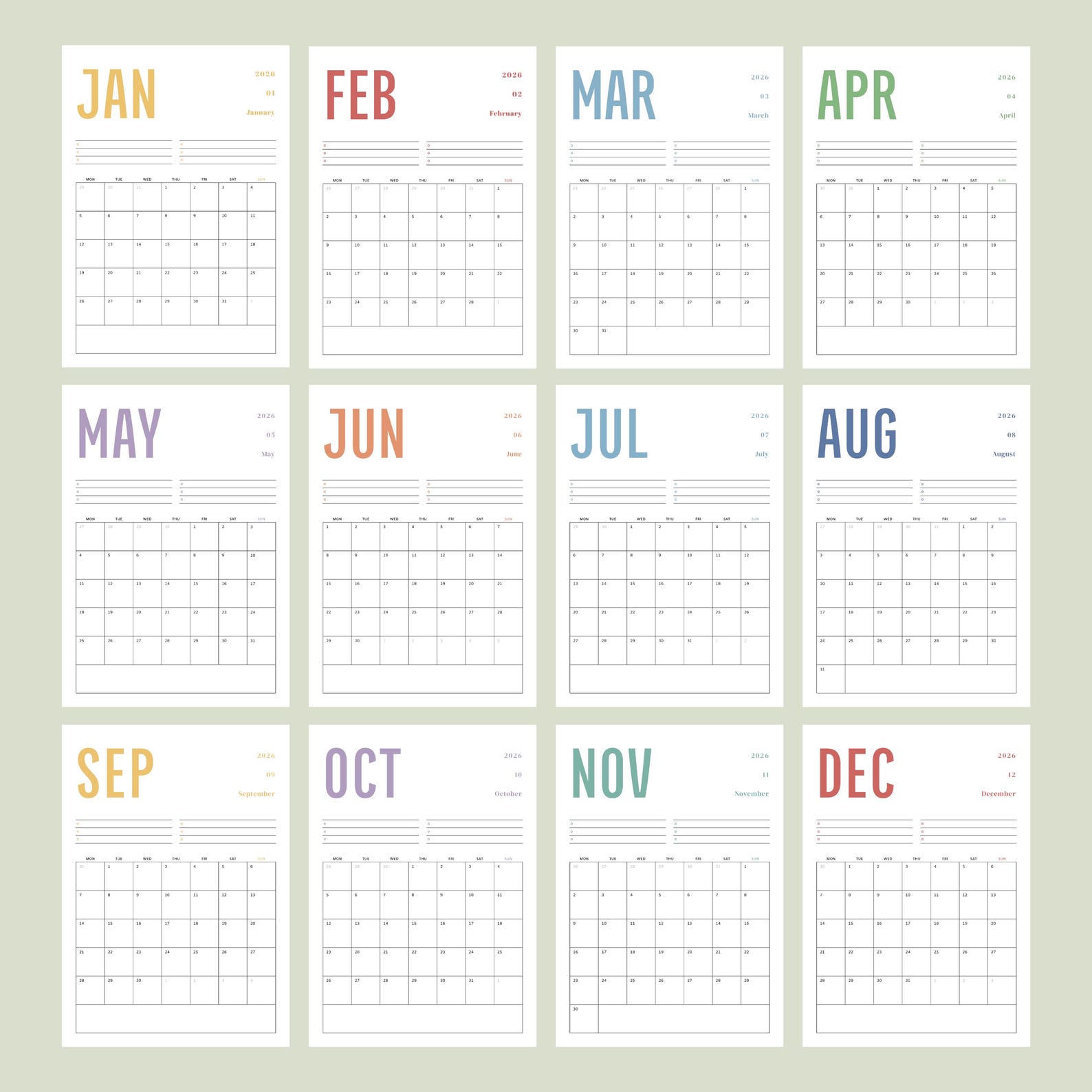 2026 Rainbow Pastel Wall Calendar, A3 A4 Letter (printable PDF) - Etsy