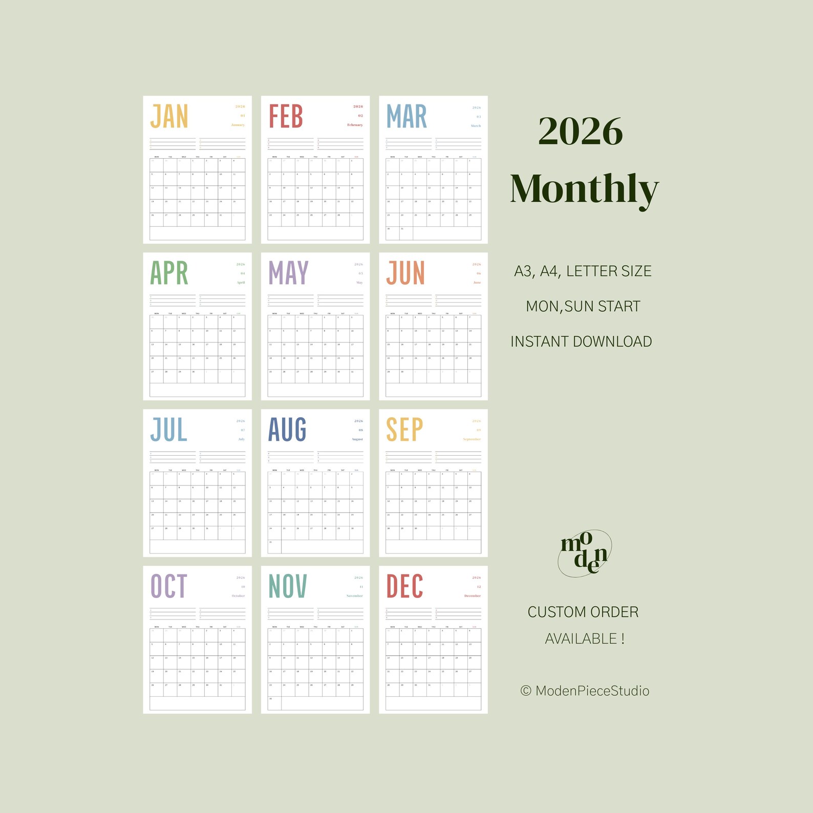 2026 Rainbow Pastel Wall Calendar, A3 A4 Letter (printable PDF) - Etsy