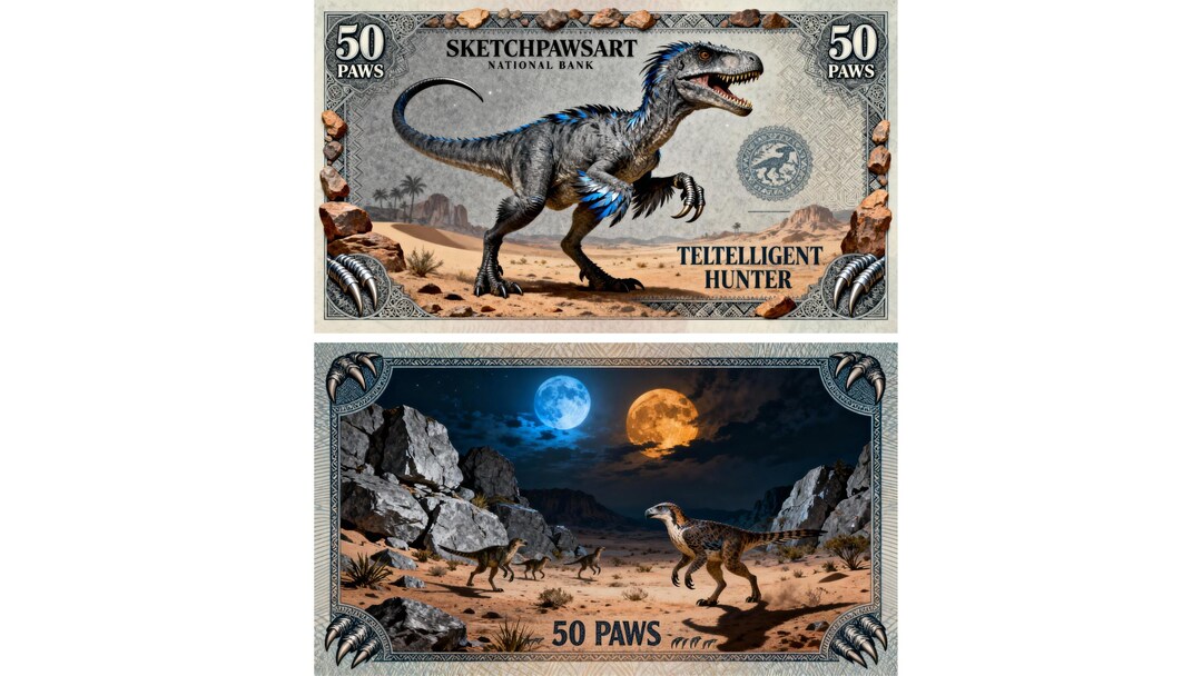 Velociraptor 50 Paws Currency Art | Dinosaur Money Poster Kids Room ...