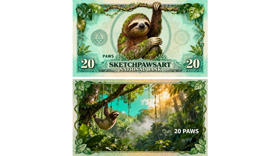 Sloth 20 Paws Currency Art | Exotic Wildlife Money Poster ...