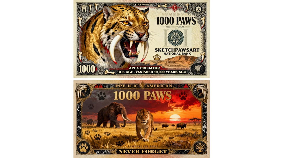 Smilodon 1000 Paws Currency Art | Saber-tooth Tiger Memorial Poster ...