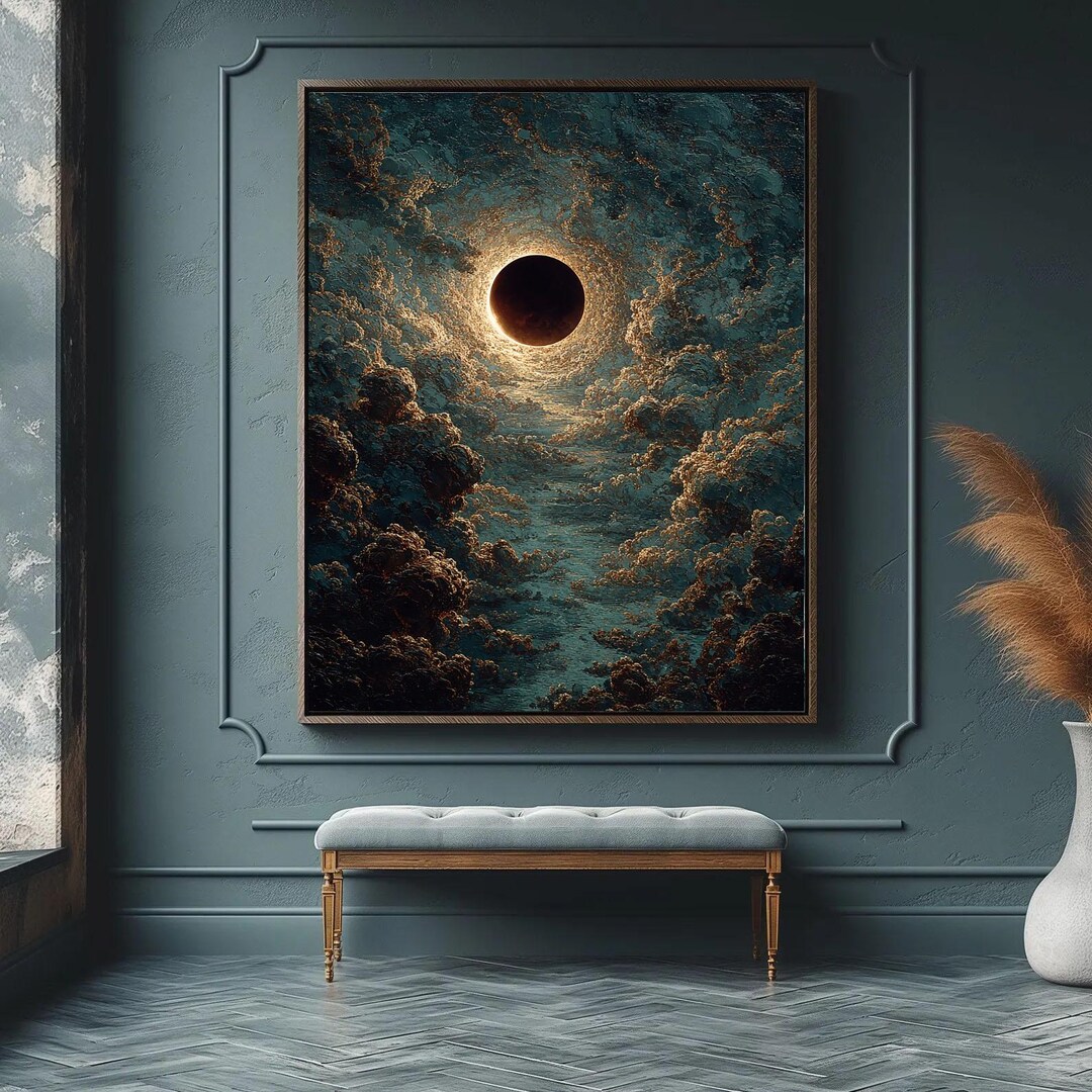 Vintage Style Eclipse Oil Painting Celestial Cloud Art Dark Teal & Gold ...