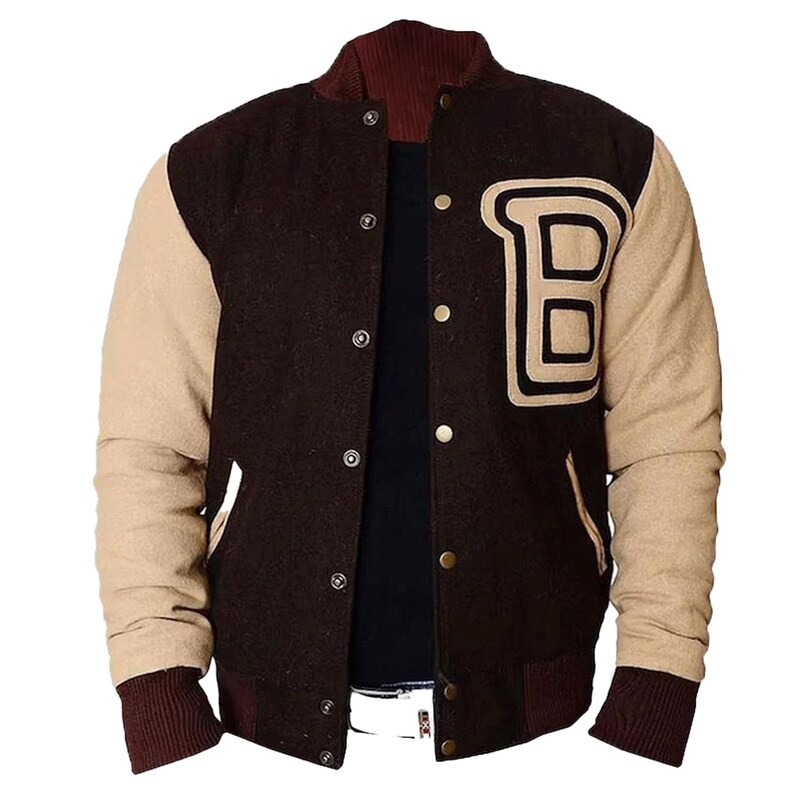 Men's Varsity Letterman Jacket 'B' Classic Brown Wool Body, Contrast ...