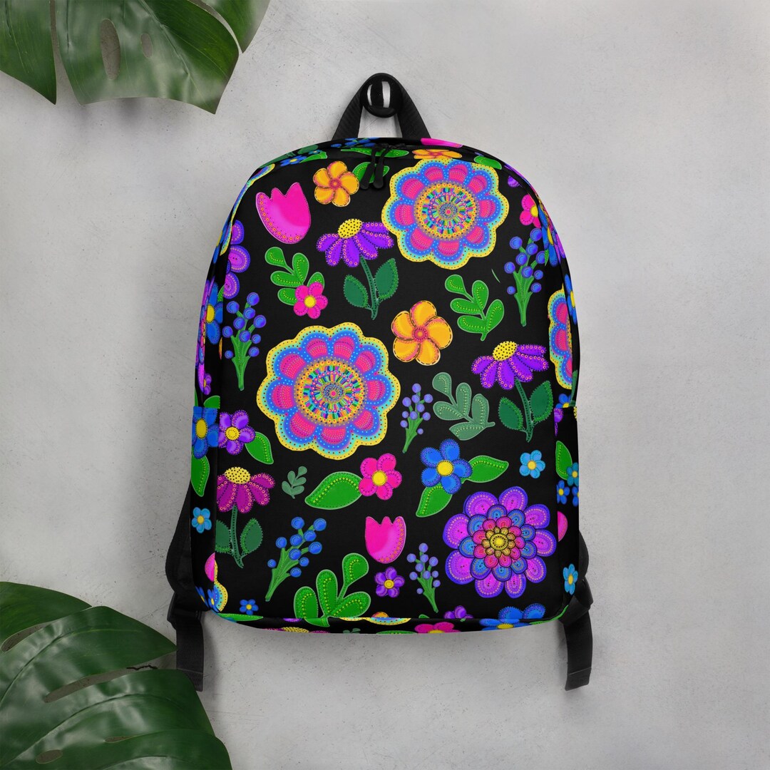 Vibrant Floral Backpack, Colorful Flower School Bag, Boho Black Laptop ...