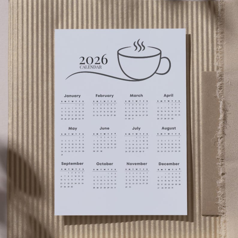 2026 Coffee Calendar Printable | Minimalist One Page Wall Print | Modern Line Art Coffee Cup ...