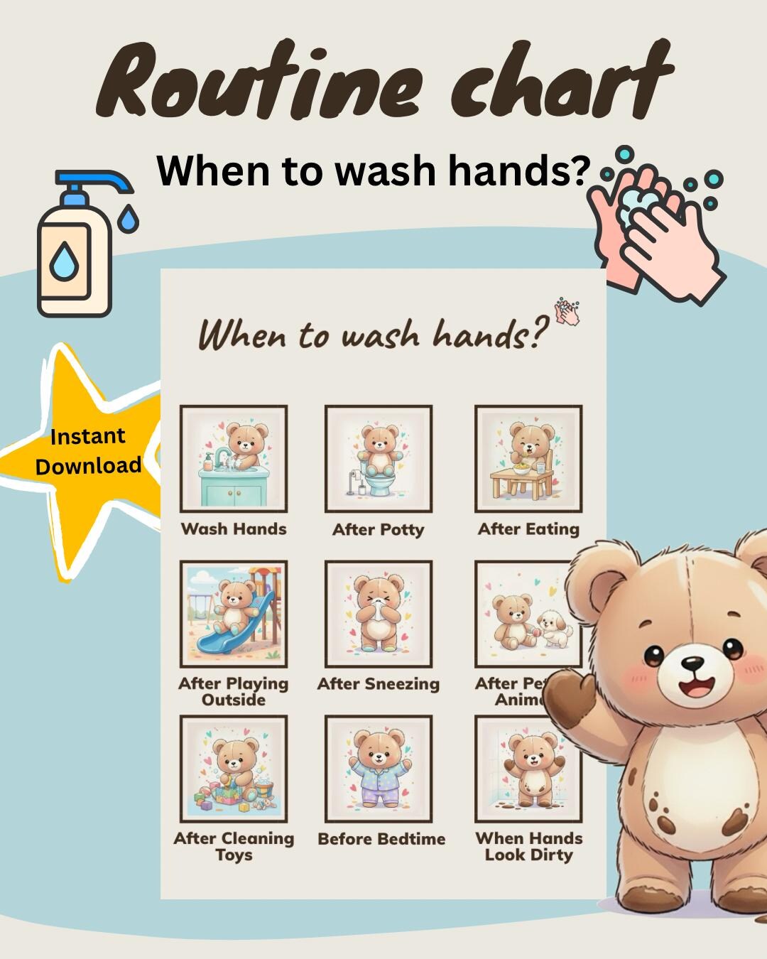 Teddy Bear Hand Washing Routine Chart: Toddler Visual Steps (digital ...