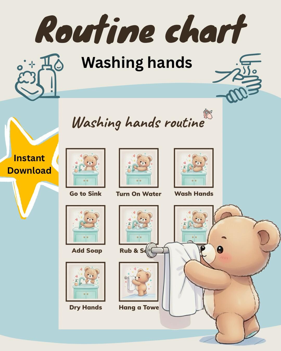 Toddler Washing Hands Routine Chart: Visual Steps (digital Download) - Etsy