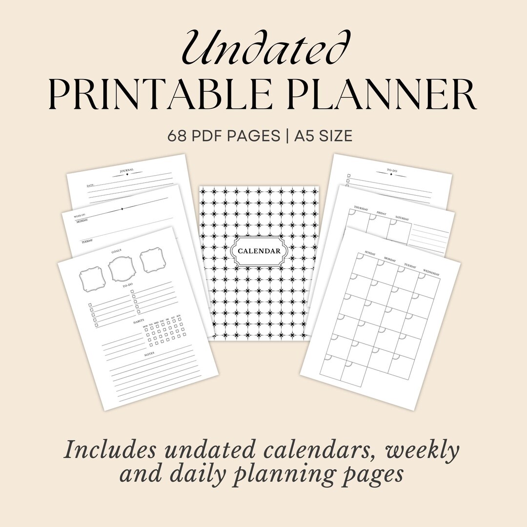 Undated Printable Planner Bundle, Monthly Weekly Daily Pages (A5 Size ...