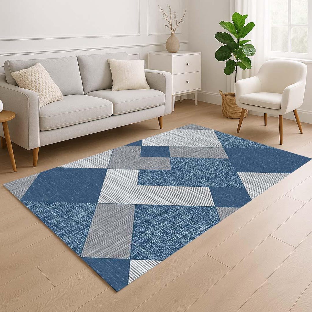 Blue Geometric Modern Rug: Washable Non Slip Contemporary Living Room ...