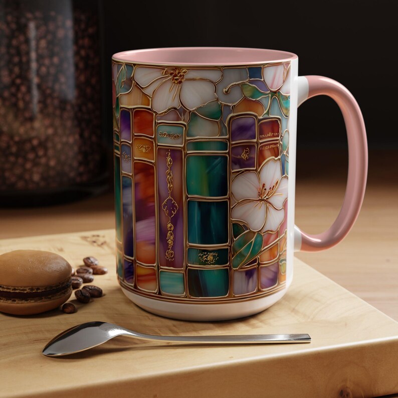 Stained Glass Print Book Mug: Floral Library Coffee Cup, Book Lover ...