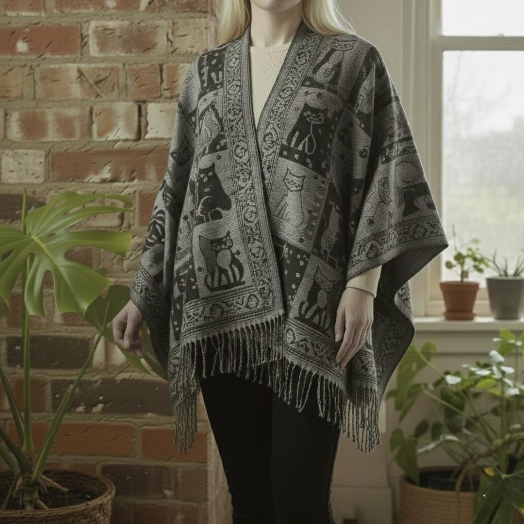 Boho Pashmina Shawl Poncho for Women – Jacquard Floral Knit Wrap, Cozy ...