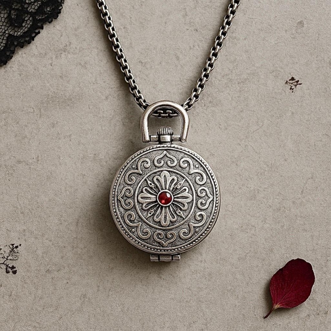 Victorian Gothic Locket Necklace With Red Gem – Antique Silver Round ...