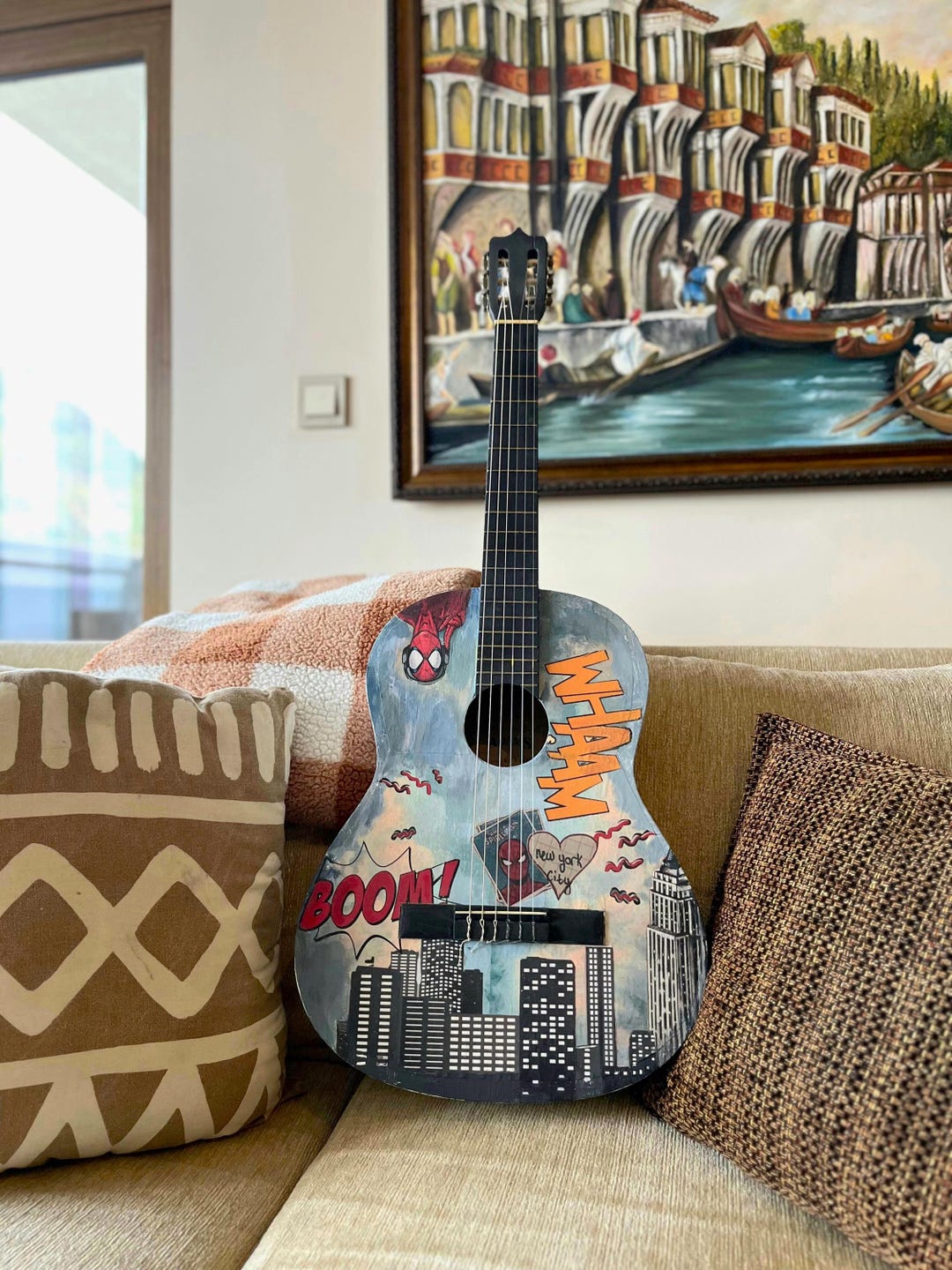 Painted Guitar, Comic Pop Art Music Wall Decor / Unique Collectible ...
