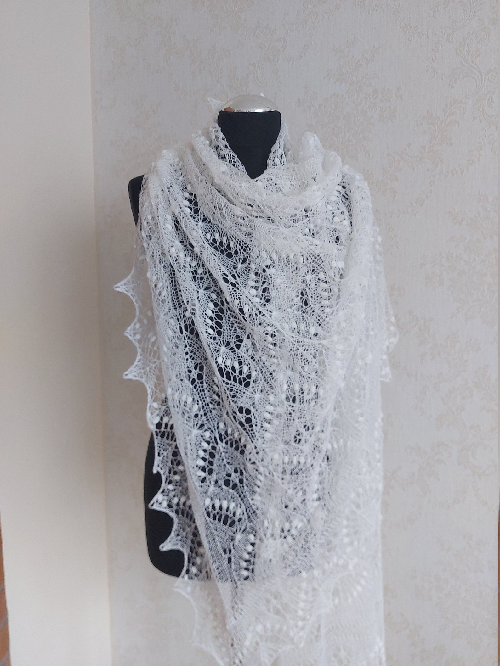 Hand Кnit Shawl White Wedding Shawl Lace Wrap Shawl Knitted Shawl White ...