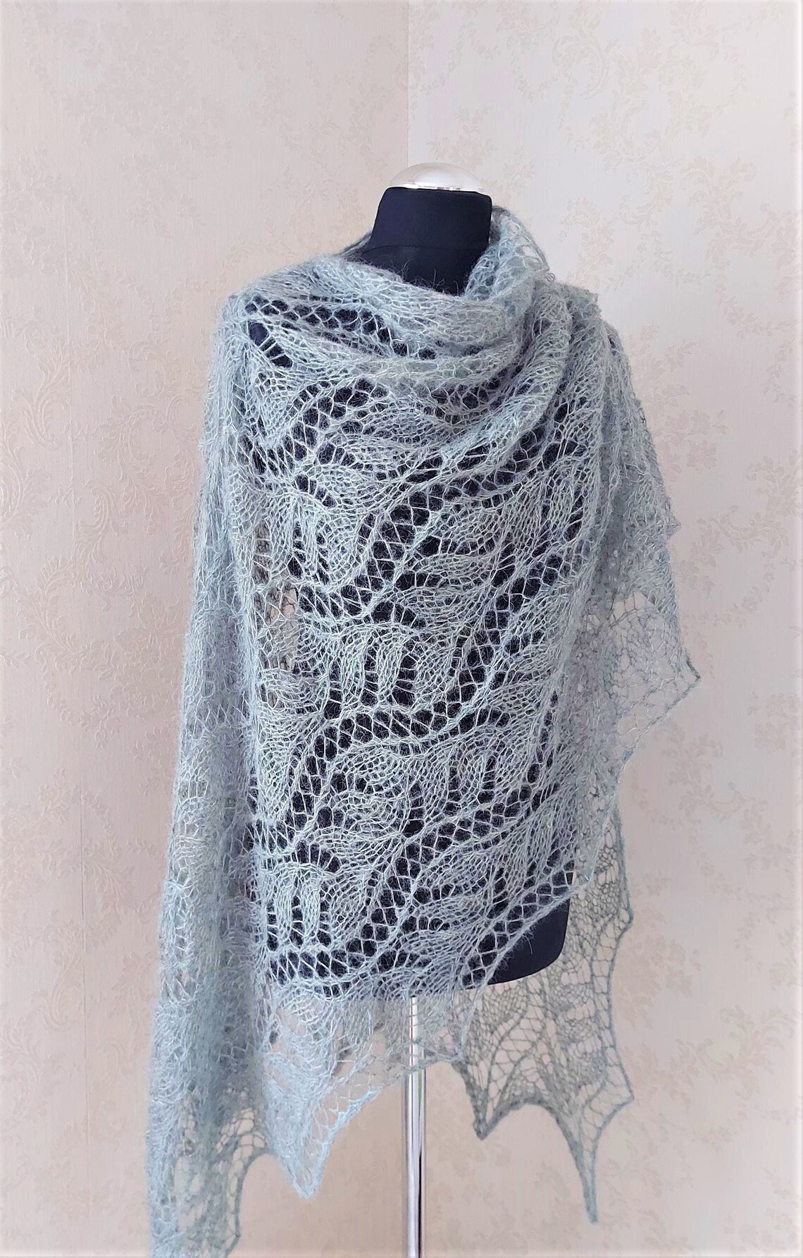 Sage Green Hand Knit Lace Shawl Handmade Aplaca Shawl Shoulder Wrap ...