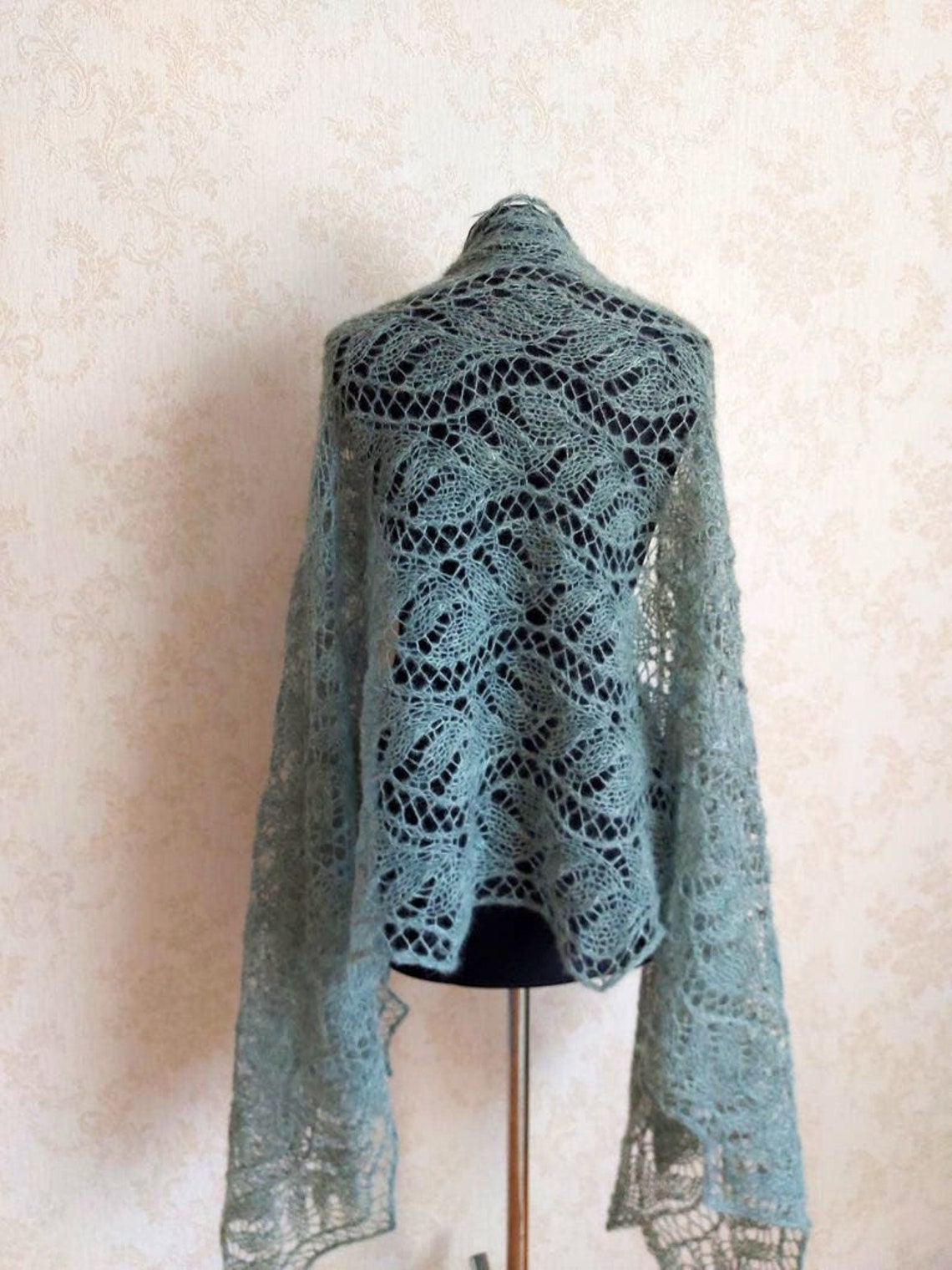 Sage Green Hand Knit Lace Shawl Handmade Aplaca Shawl Shoulder Wrap ...