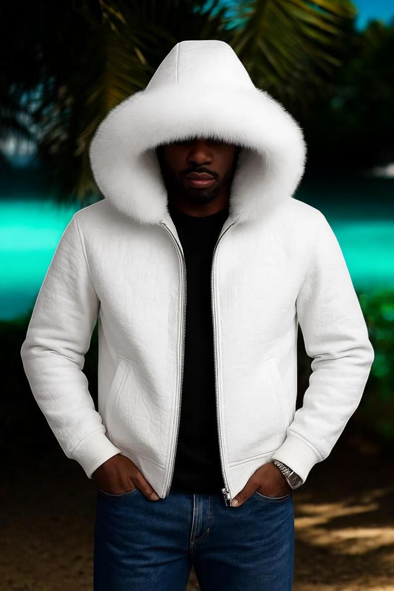 Men’s White Faux Fur Hood Jacket, Winter Warm Zip up Outerwear, Casual ...