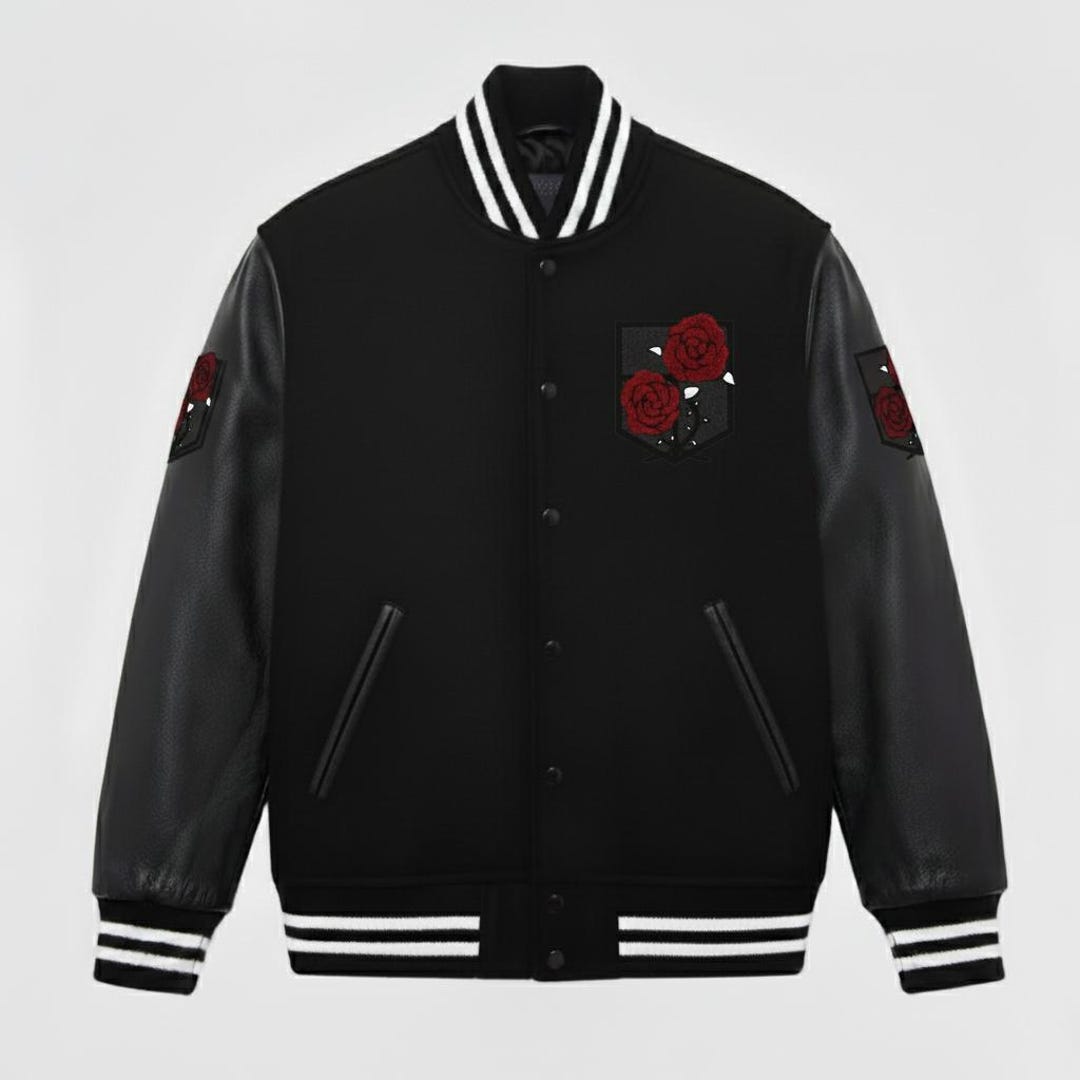 Handmade Black Varsity Jacket | Rose Chenille Embroidery, Leather ...