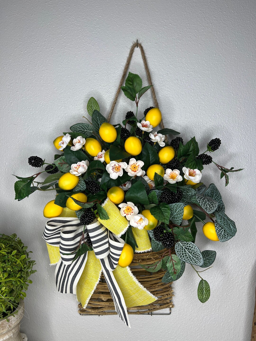 Ready to Ship Lemons and Black Berries Basket Hanger, Front Door Lemon ...