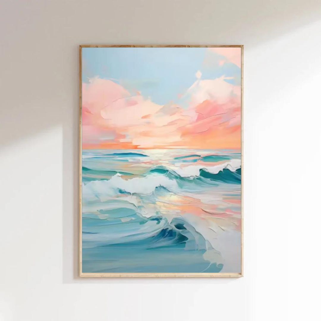 Pastel Ocean Waves Wall Art – Pink and Blue Coastal Canvas Print - Etsy