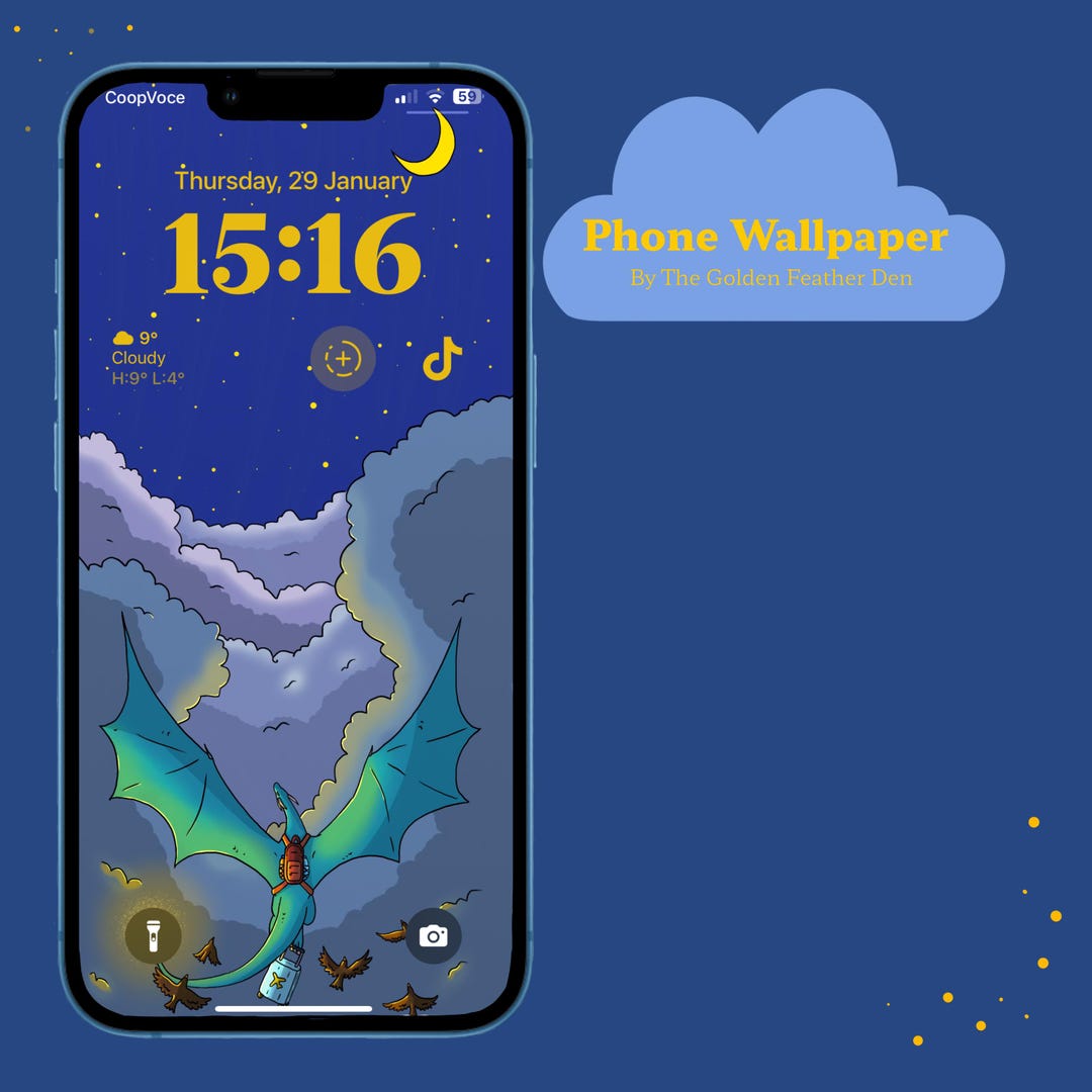 Cozy Dragon Phone Wallpaper – Hand-drawn Fantasy Art (digital Download ...