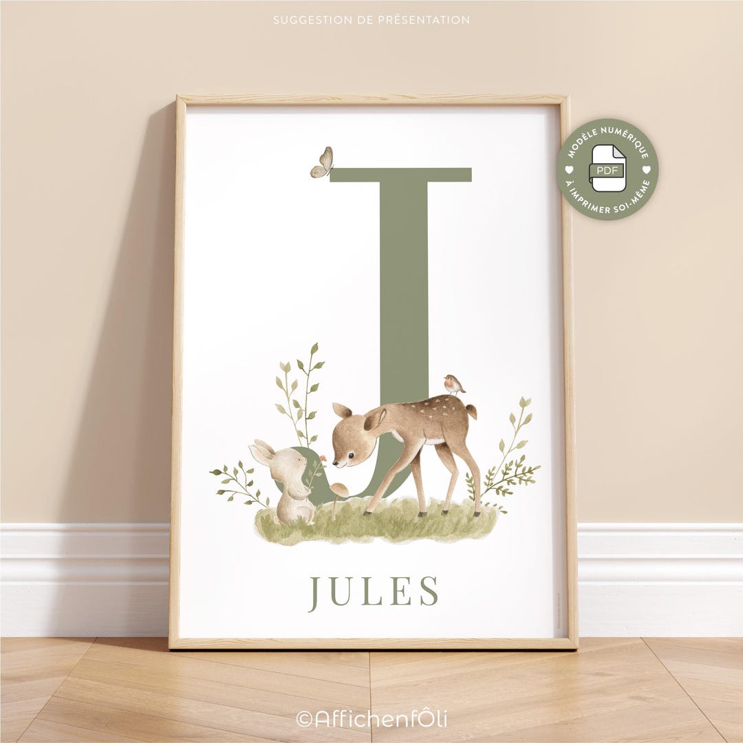 Personalized Boy Poster With Child's Name Letter, Fawn or Fox, Forest ...