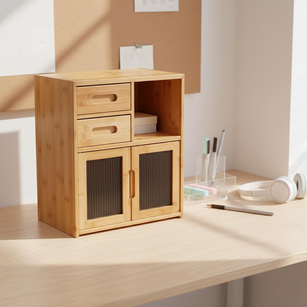 Bamboo Countertop Storage Cabinet With Drawers & Sliding Doors, Small ...