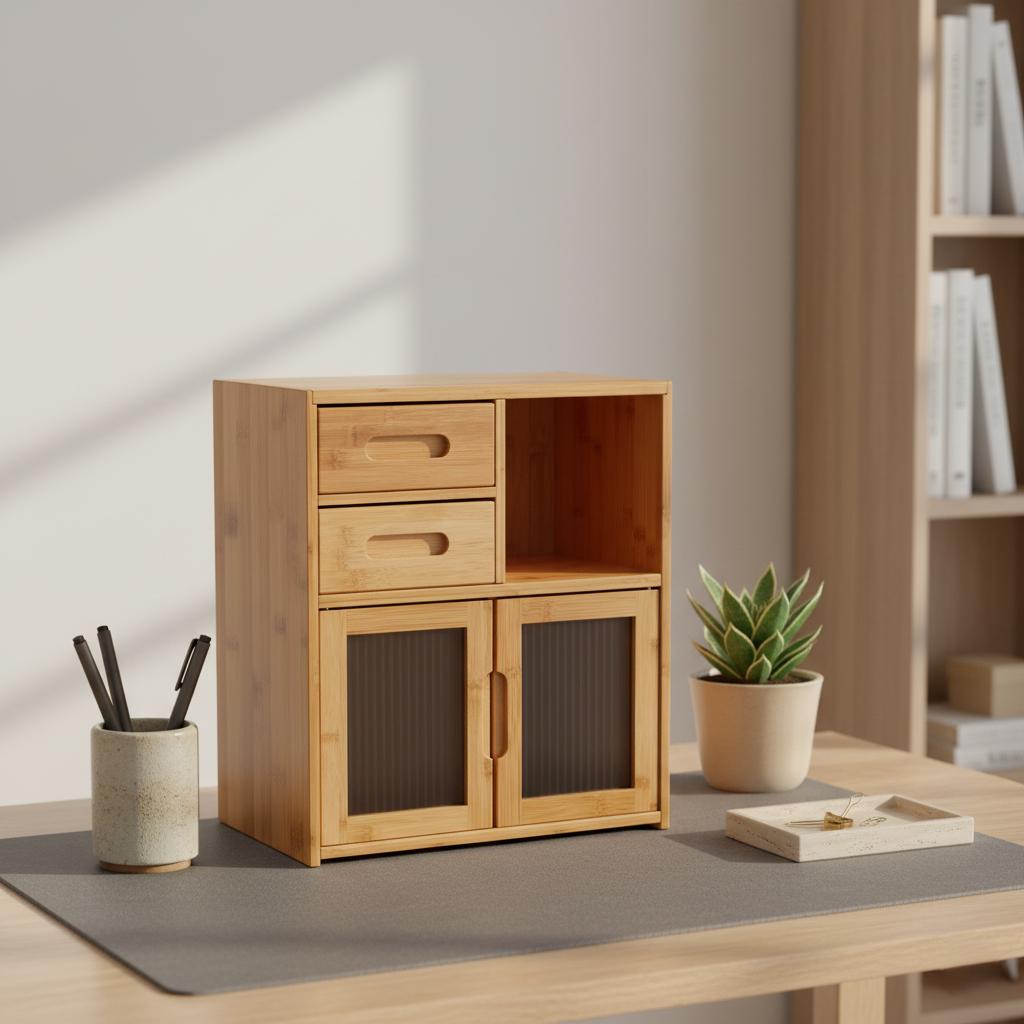 Bamboo Countertop Storage Cabinet With Drawers & Sliding Doors, Small ...