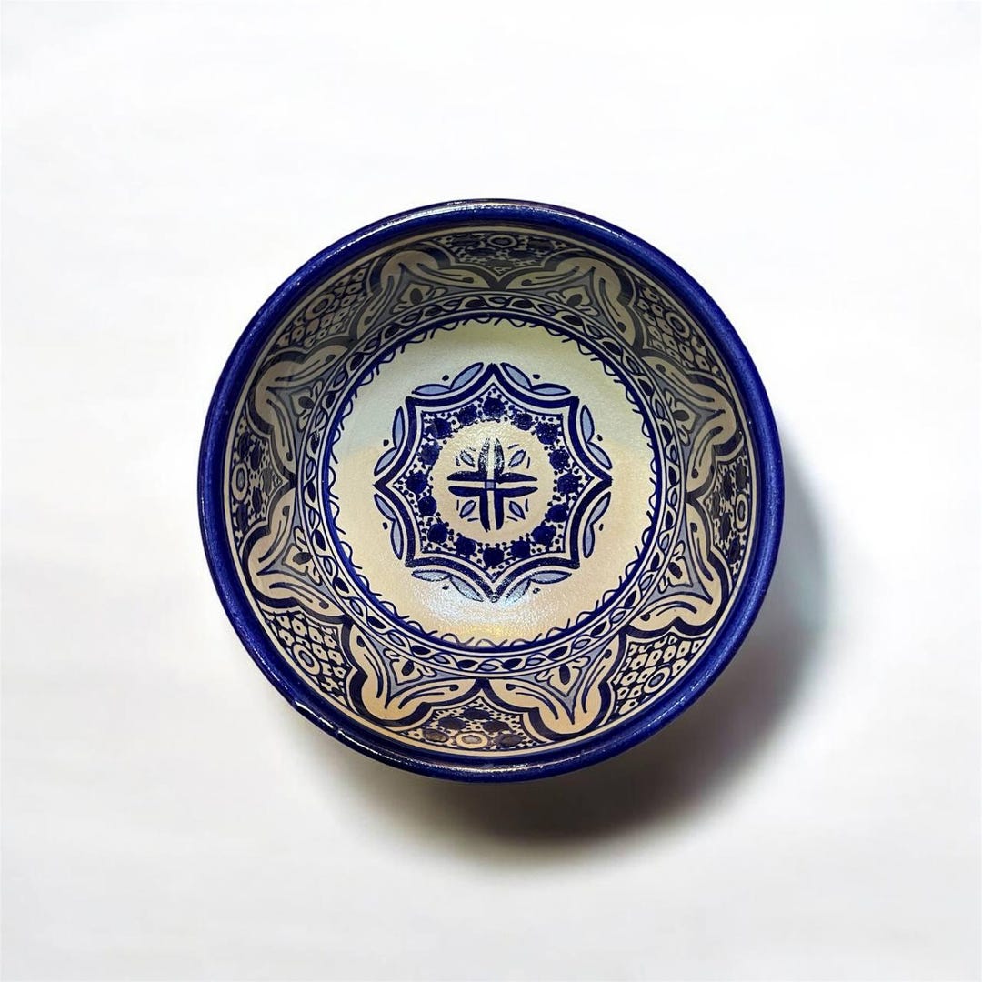 Rare Handmade Fes Gray Clay Salad Bowl in Blue – Unique Moroccan ...