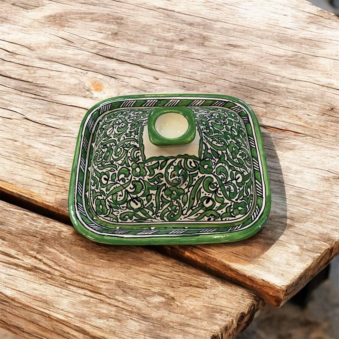 Authentic Fes Rectangular Ceramic Tagine – Green & White Fire-safe ...