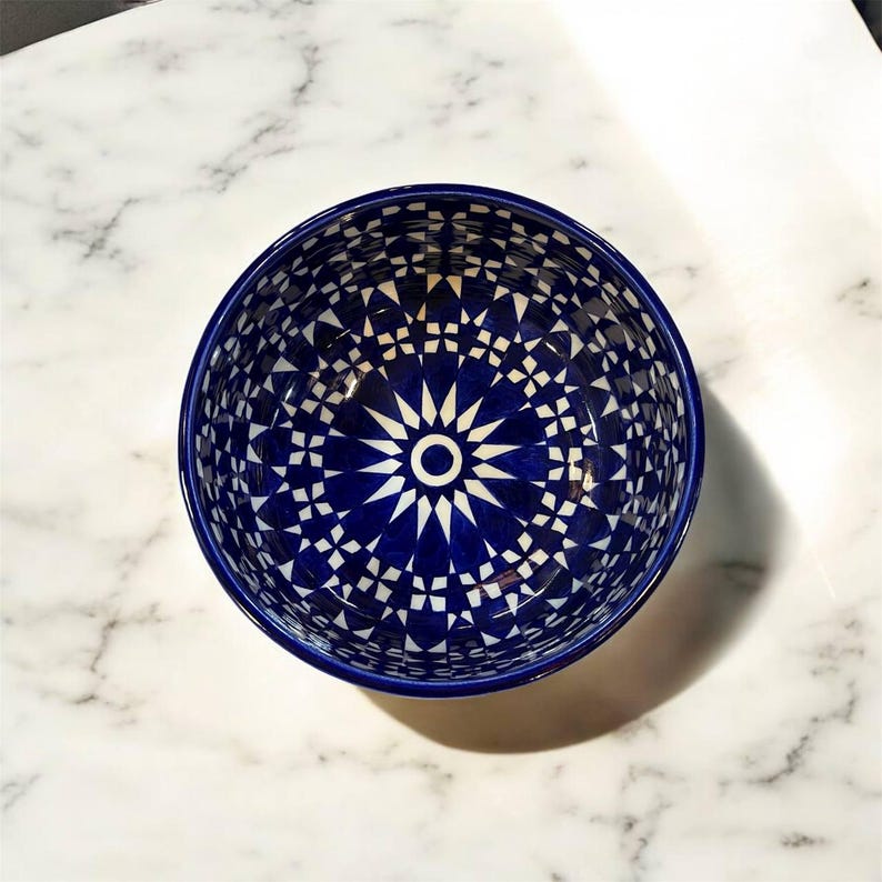 Moroccan Fes Salad Bowl – Handcrafted Blue and White Geometric Pottery ...