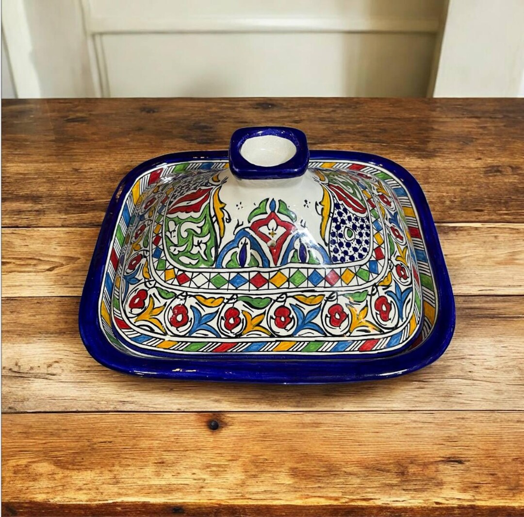 Rectangular Fes Ceramic Tagine – White With Traditional Colorful ...