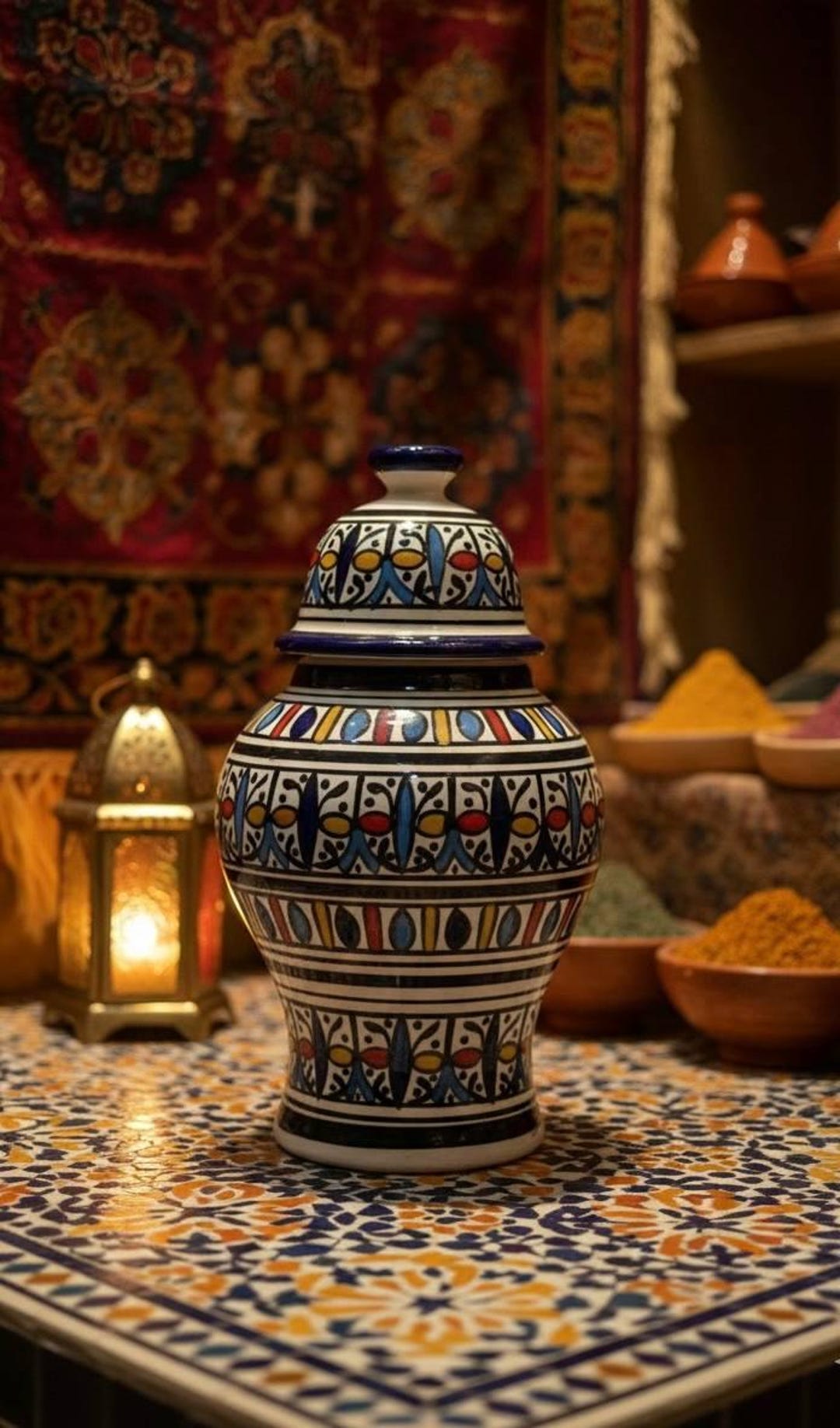 Handmade Fes Ceramic Lidded Vase with Traditional Moroccan Motifs ...