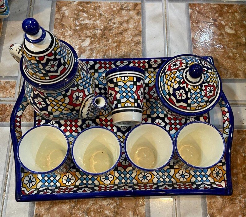 Handmade Fes Clay Tea Set | Colorful Moroccan Pottery Teapot & Cups ...
