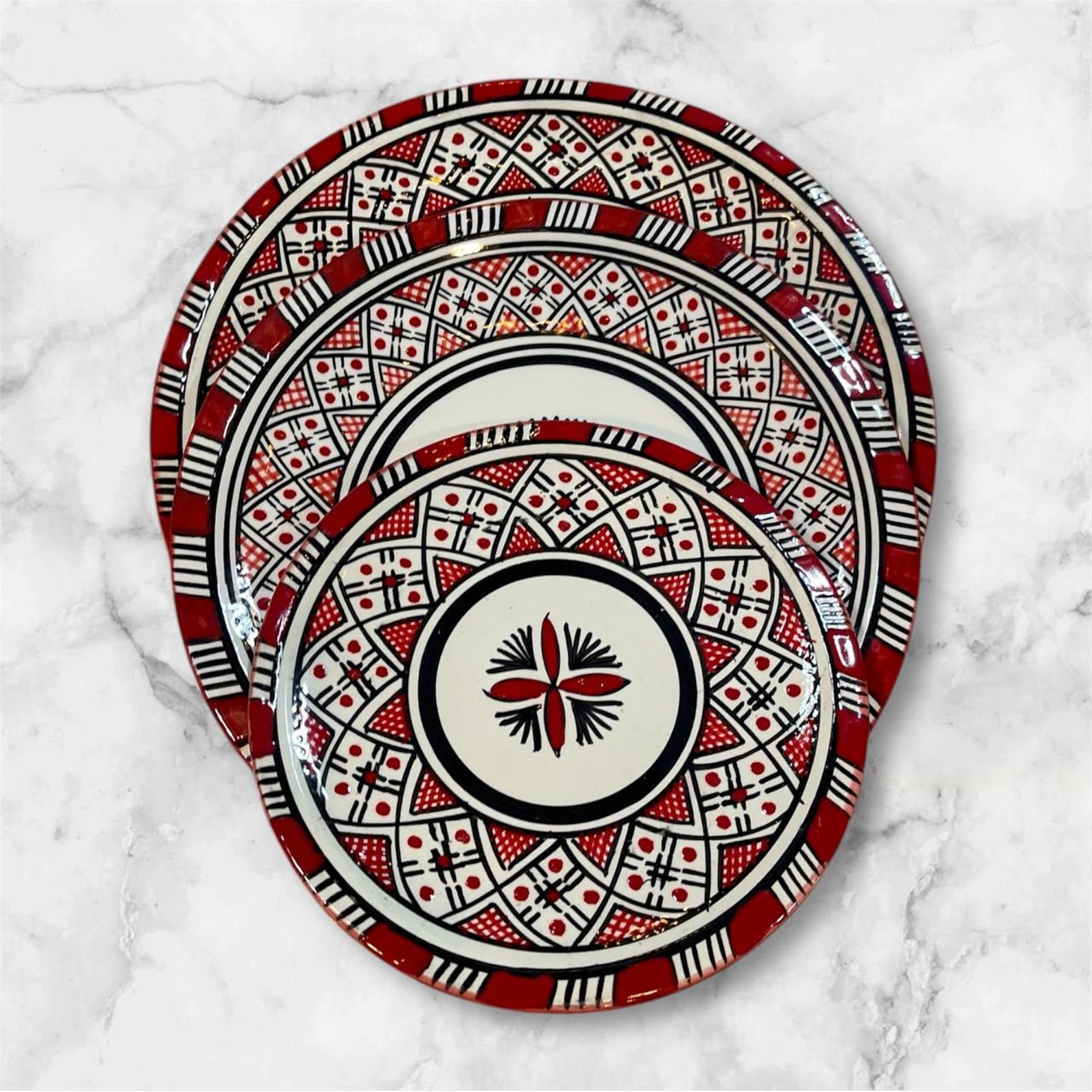 Moroccan Fes Ceramic Serving Plate Set – White Handmade Plates with Red ...