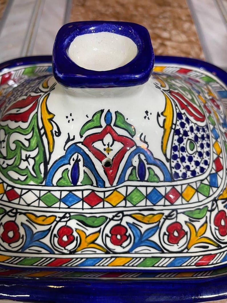 Rectangular Fes Ceramic Tagine – White With Traditional Colorful ...