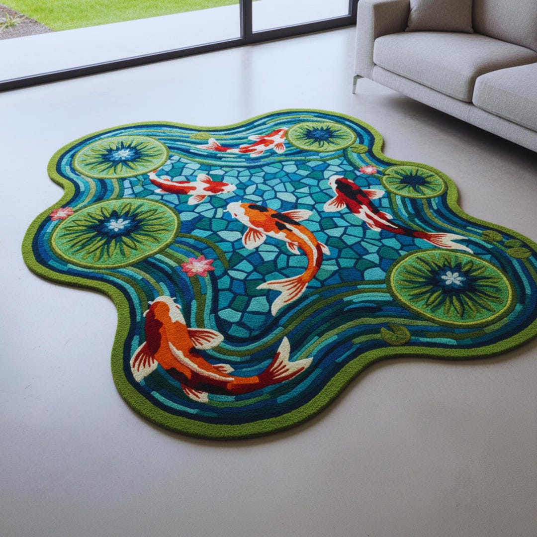 Hand-tufted Wool Koi Fish Pond Rug – Artistic Aqua Blue Carpet - Etsy