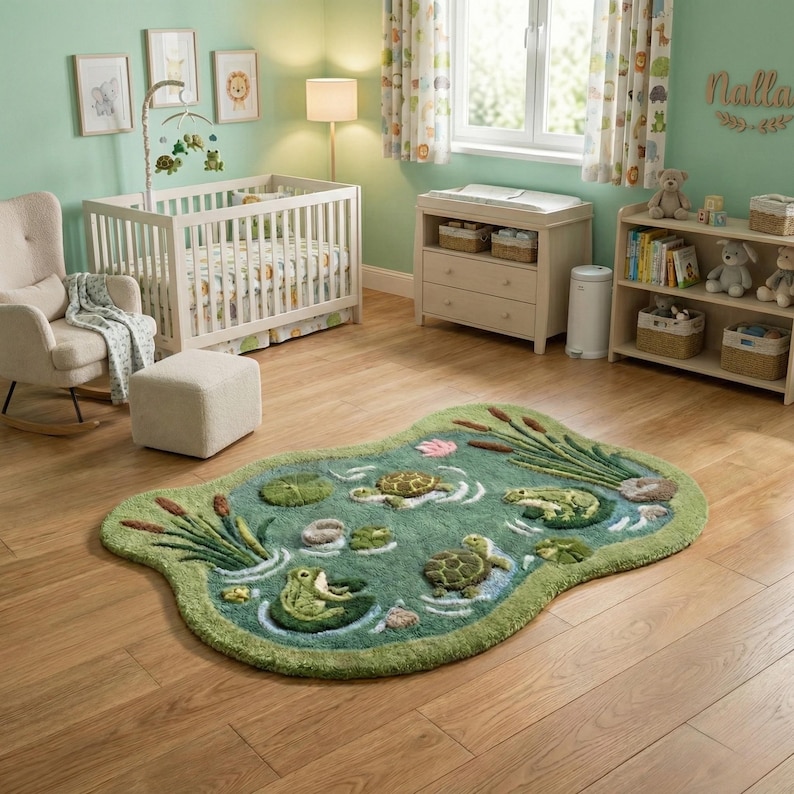 Frog Pond Rug Tufted Green 3D Plush Area Carpet, Whimsical Kids Bedroom ...