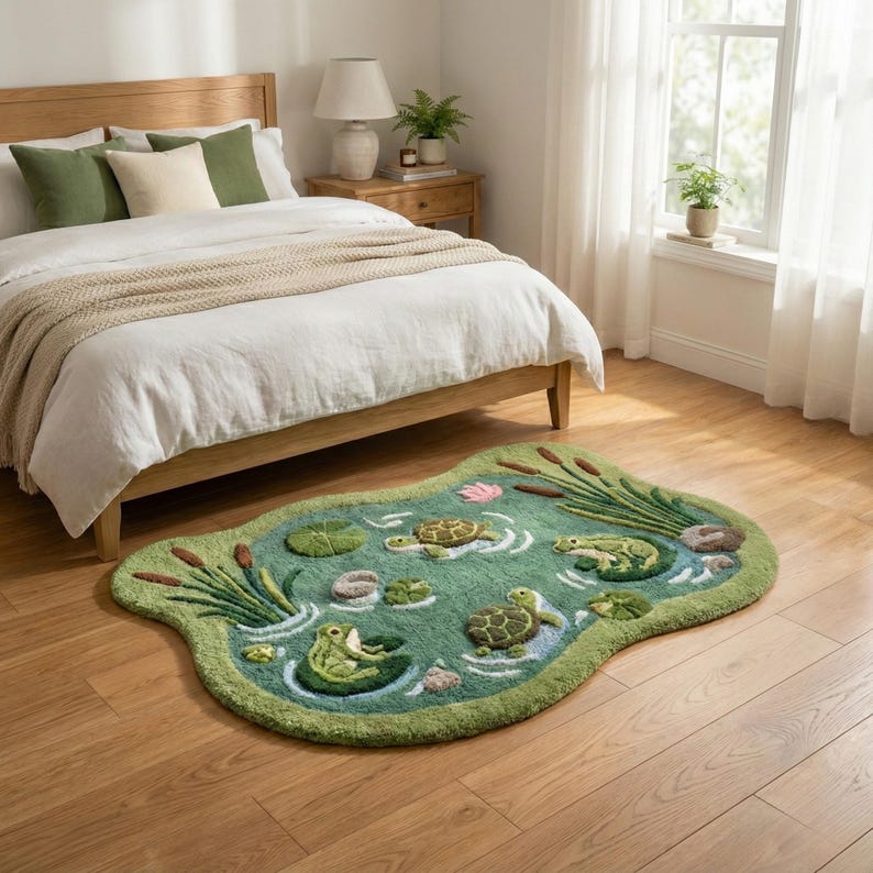 Frog Pond Rug Tufted Green 3D Plush Area Carpet, Whimsical Kids Bedroom ...