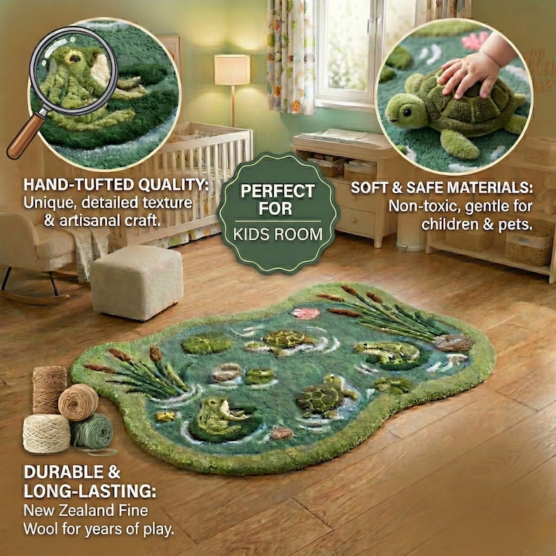 Frog Pond Rug Tufted Green 3D Plush Area Carpet, Whimsical Kids Bedroom ...