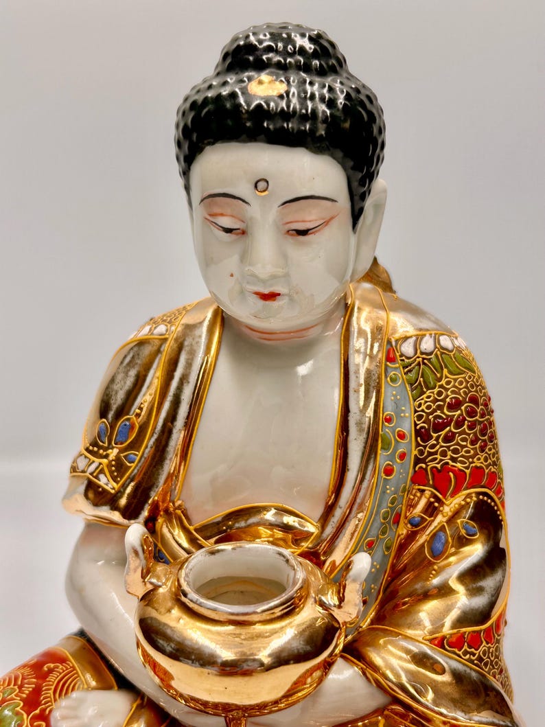 Vintage Japanese Satsuma Style Buddha Incense Burner Candle Holder Gilt ...