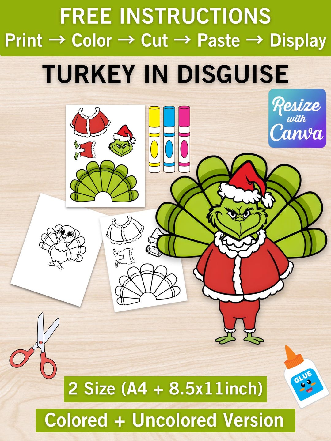 Disguise a Turkey as the Grinch Kids Craft, Printable Paper ...