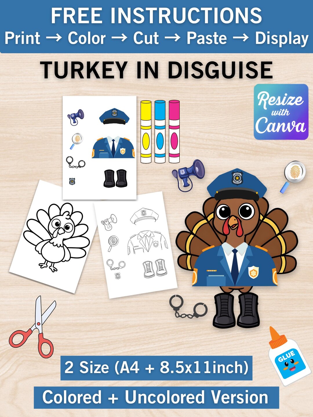 Turkey Disguise Printable - Police Costume - Thanksgiving School Craft ...
