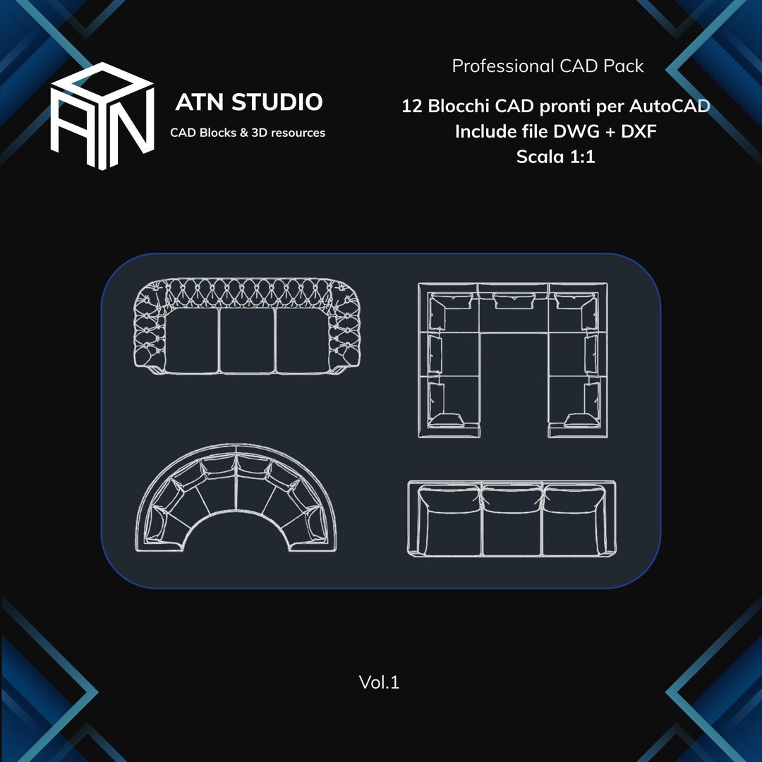12 2D Sofas CAD DWG DXF | Autocad Furniture Blocks | ATN Studio Vol.1 - Etsy