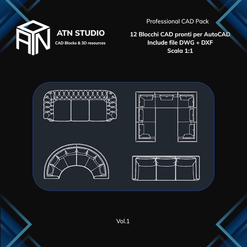 12 2D Sofas CAD DWG DXF | Autocad Furniture Blocks | ATN Studio Vol.1 ...