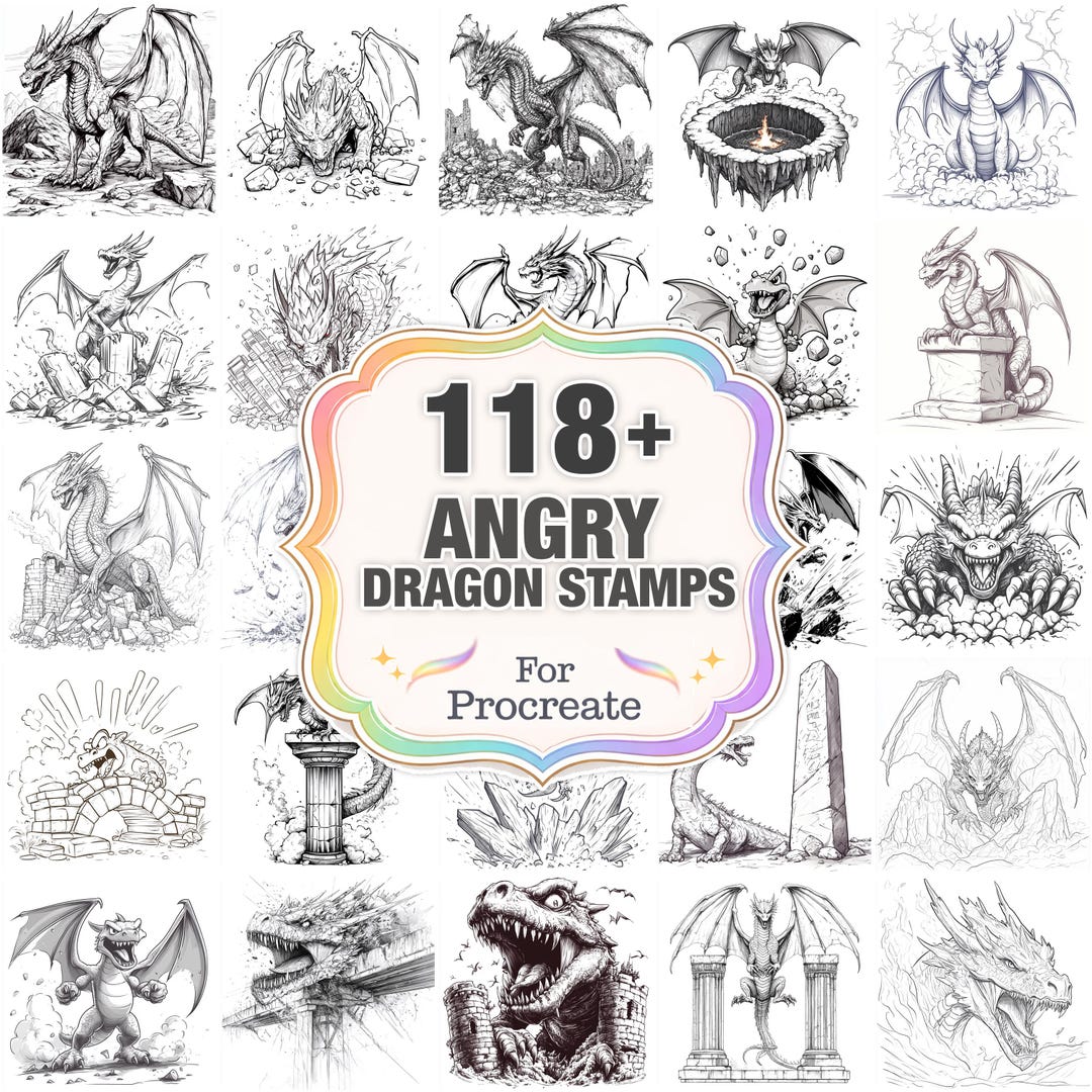 118+ Angry Dragon Stamps, Fantasy Creature Brushes, PNG Included ...