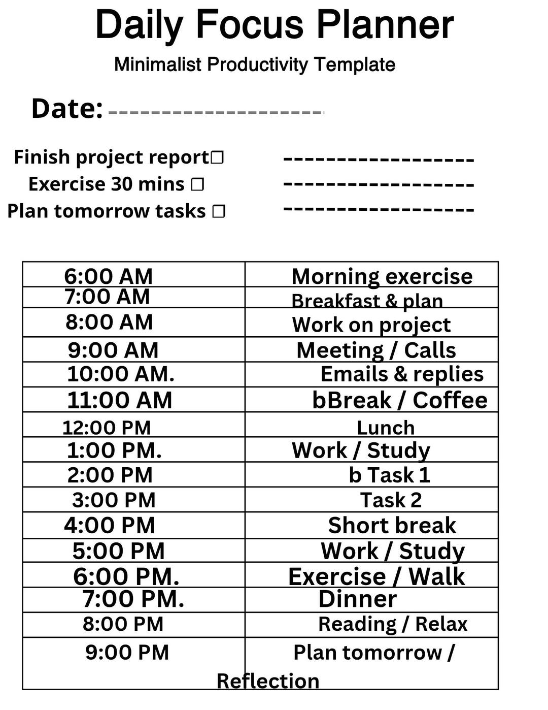 Daily Focus Planner – Minimalist Productivity Template (editable PDF ...