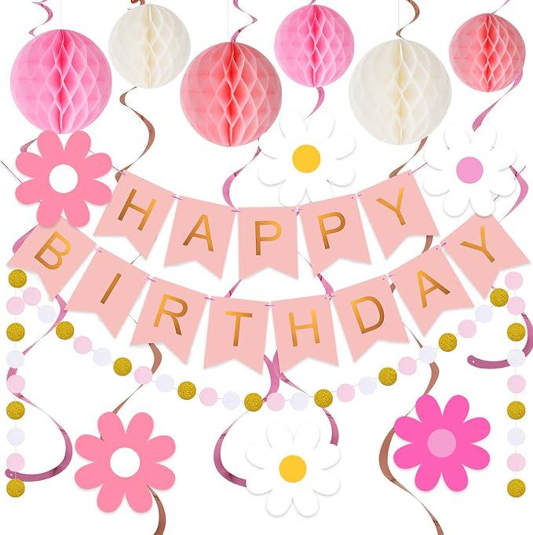 Pink Birthday Decorations - Happy Banner With Honeycomb Ball, Daisy ...