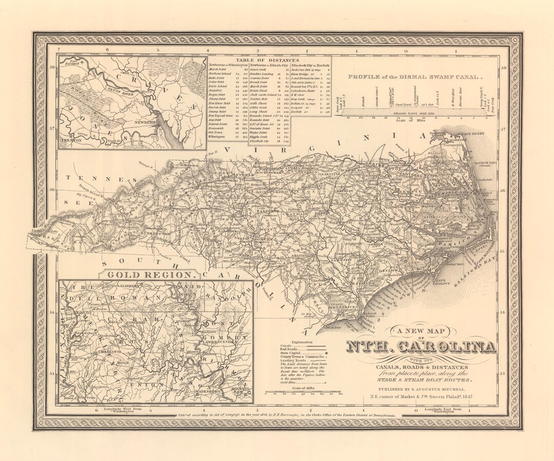 1848 Map of North Carolina - Etsy