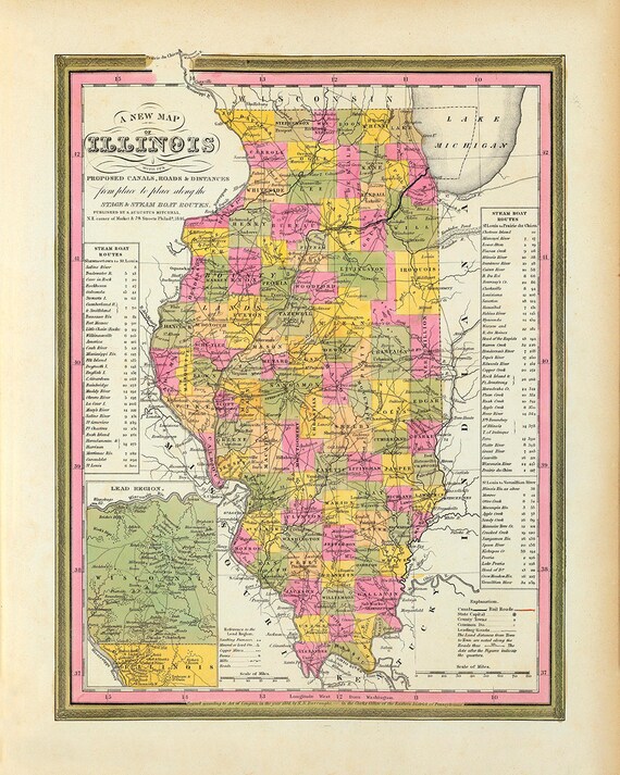 1846 Map of Illinois - Etsy